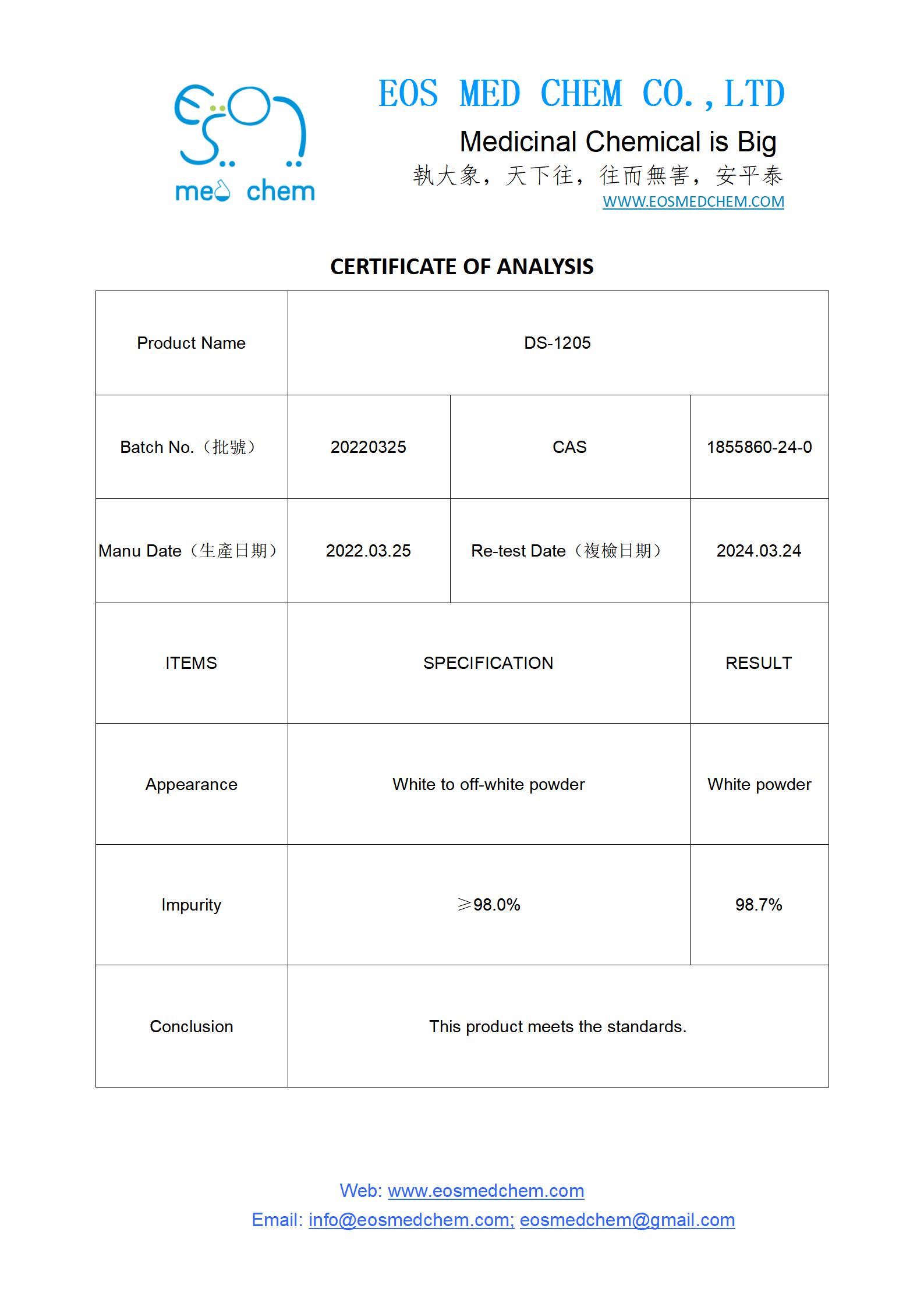 Original DS-1205, 1855860-24-0 manufacturer, Stock 455g, Assay 98.7%